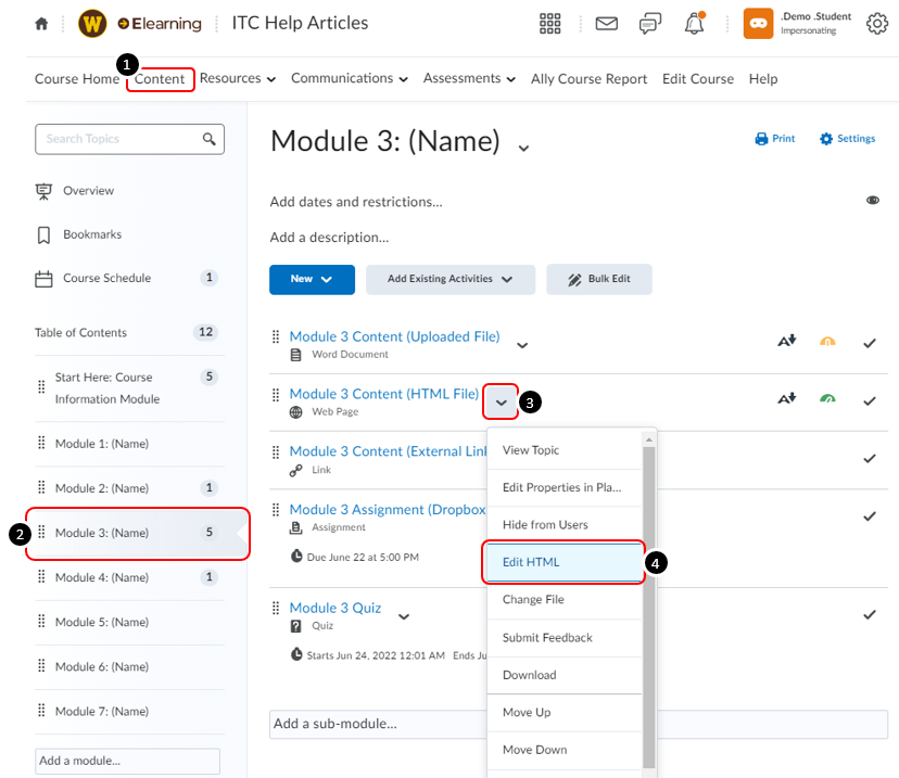 Updating HTML Files in Elearning Module Content