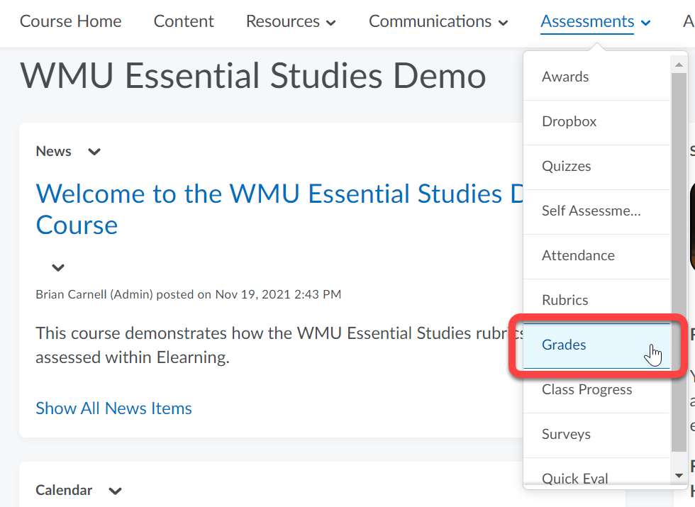 Guide to the WMU Essential Studies Grade Items Assessment in Elearning