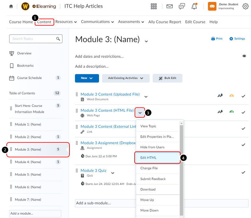 Embedding Media in HTML Files in Elearning Module Content